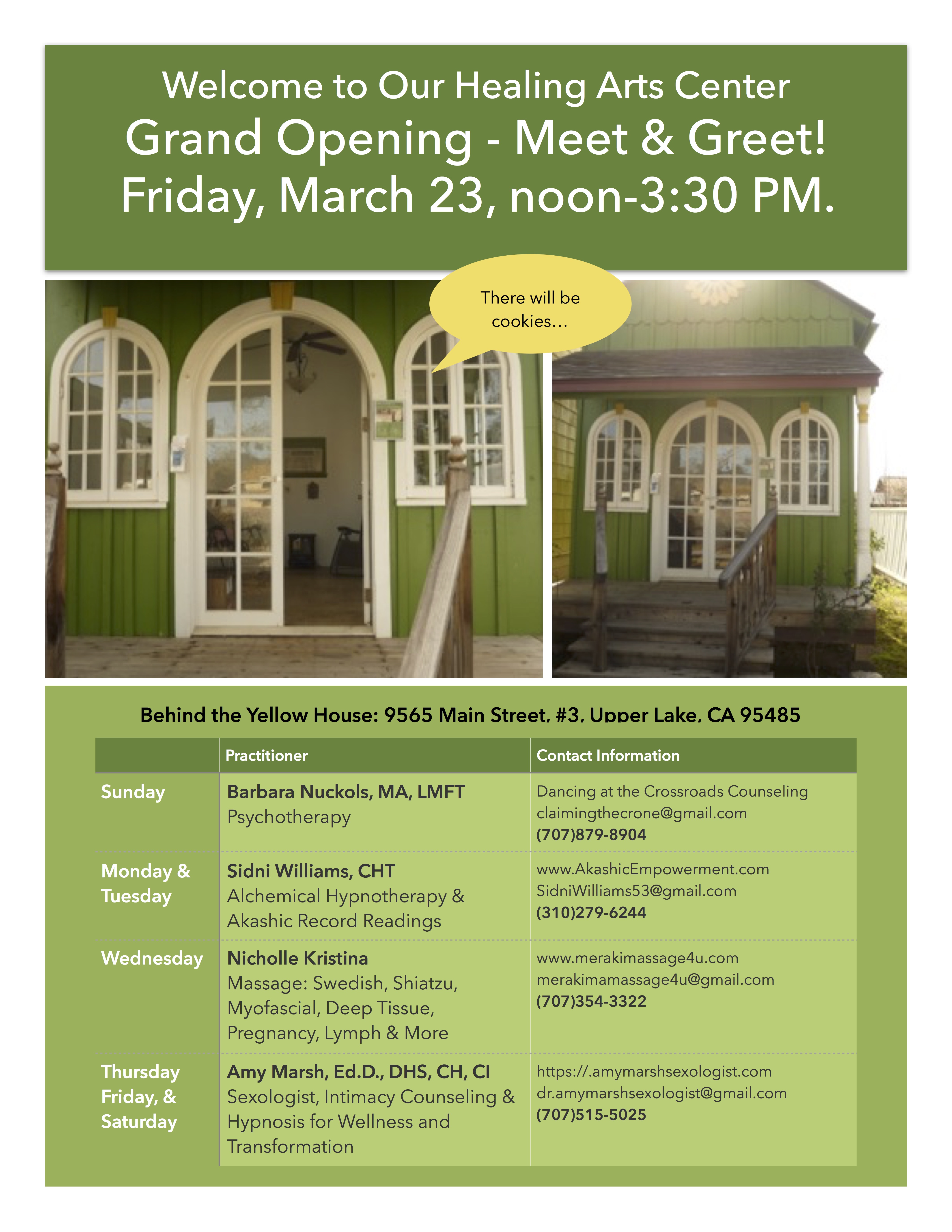 Flyer for Upper Lake Open House – Amy Marsh, Sexologist & Hypnotist